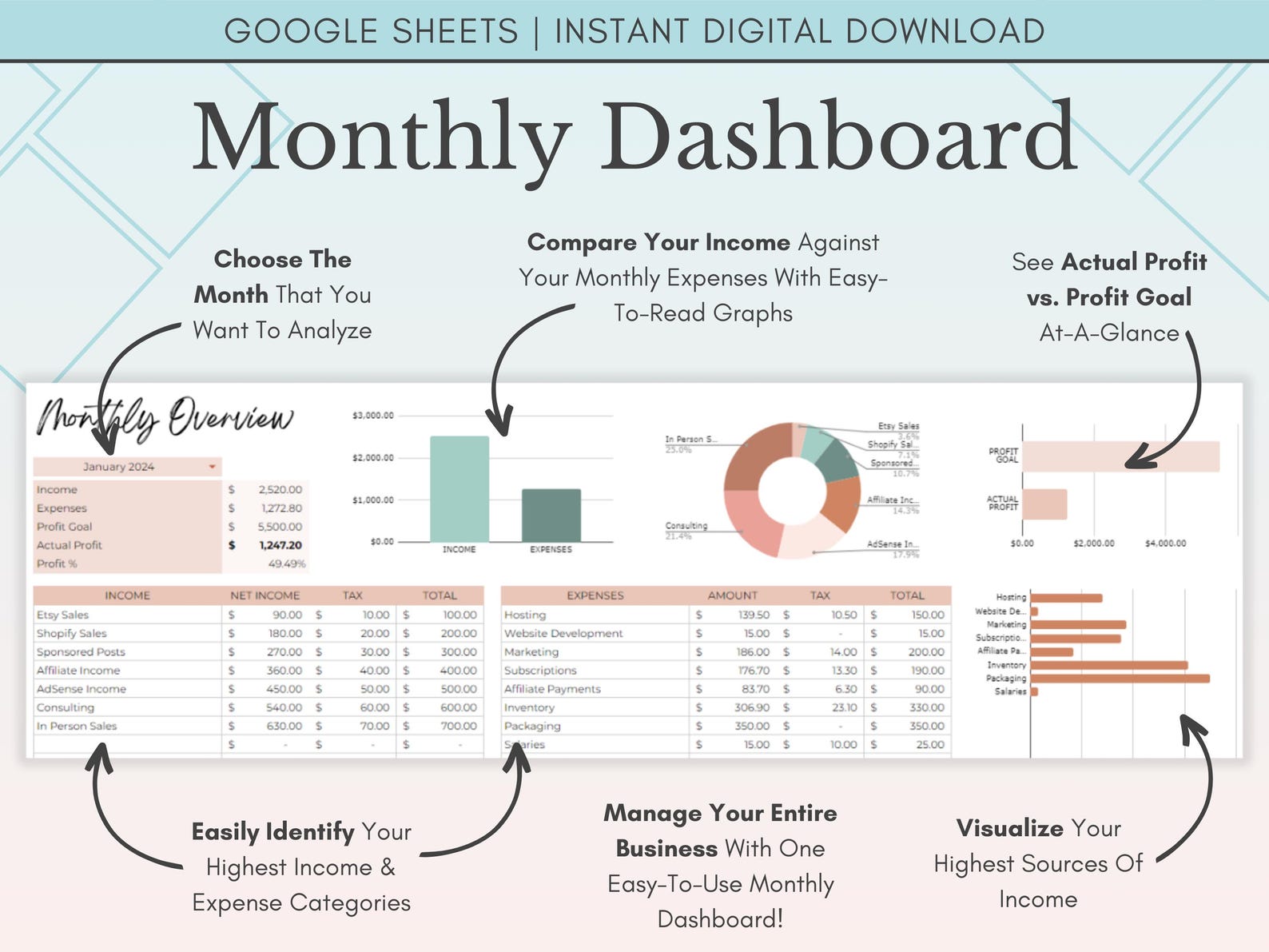 Small Business Bookkeeping Spreadsheet Google Sheets, Income and ...
