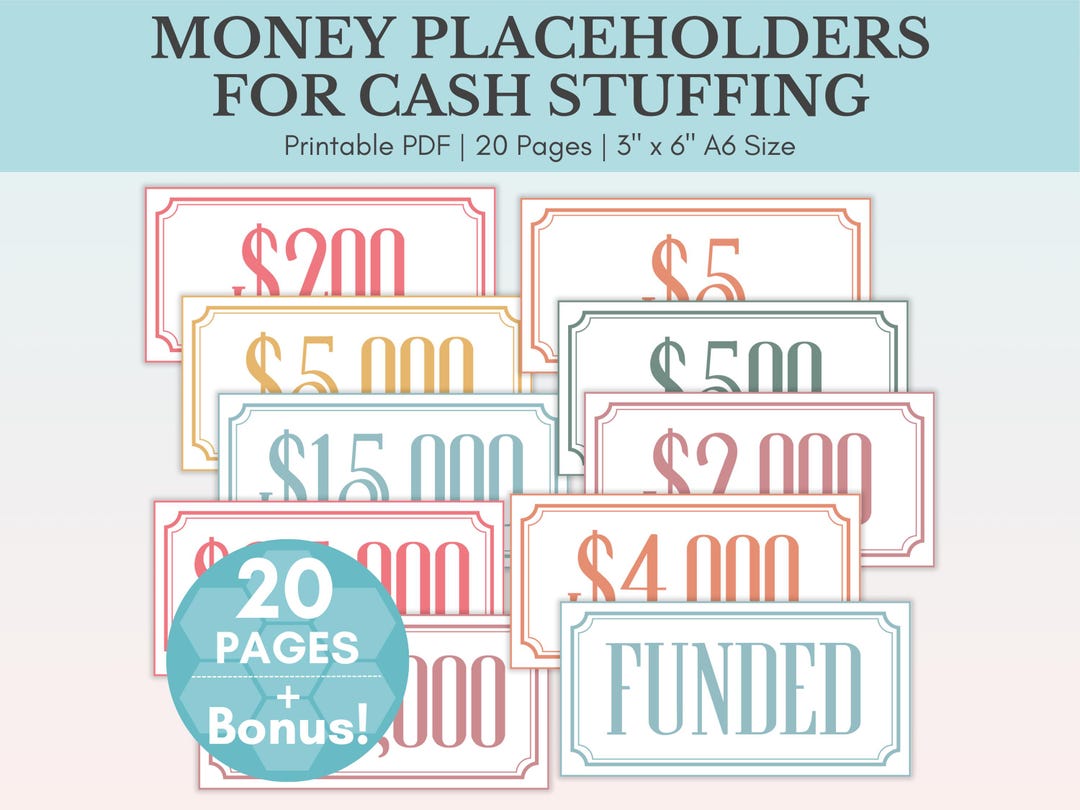 Dollar Bill Placeholders for Cash Stuffing | Printable Cash Place ...