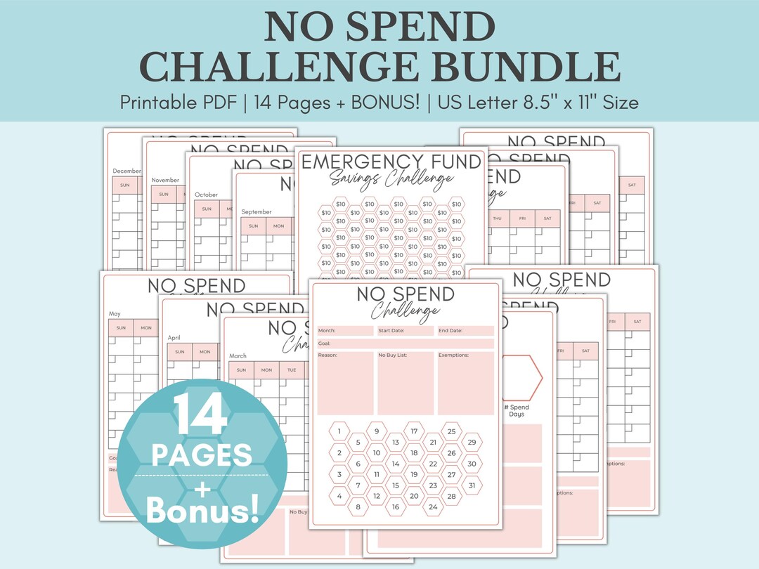 14 Page No Spend Challenge Printable Bundle + BONUS Emergency Fund ...