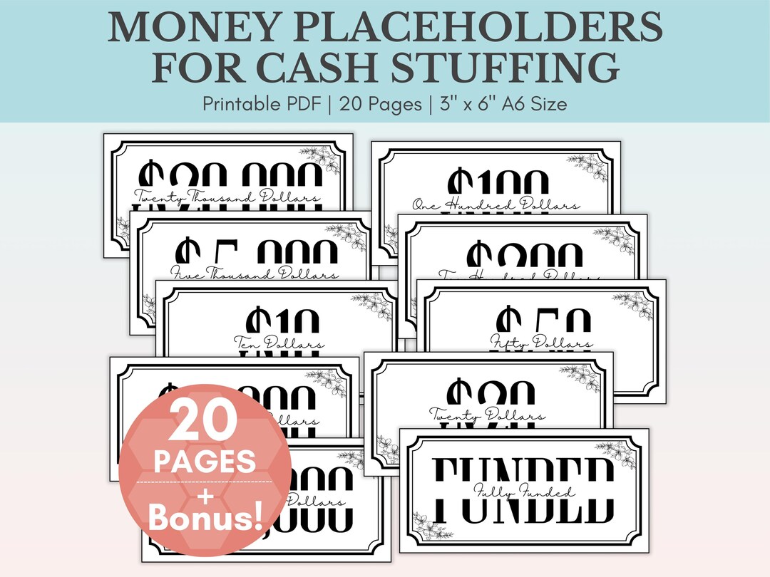 Dollar Bill Placeholders for Cash Stuffing | Printable Cash Place ...