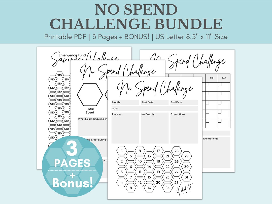 3 Page No Spend Challenge Printable Bundle BONUS Emergency Fund Savings ...