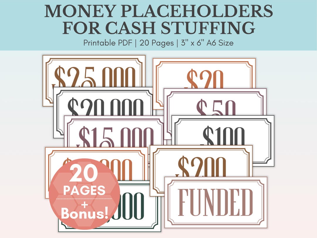 Dollar Bill Placeholders for Cash Stuffing | Printable Cash Place ...