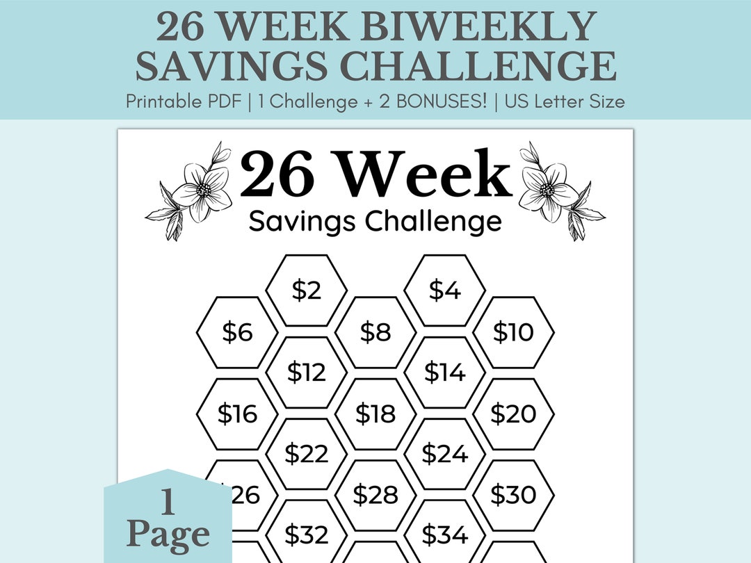 26 Week Biweekly Savings Challenge Printable 26 Week Savings Tracker 26 ...