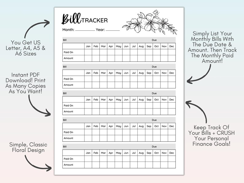 Floral Bill Tracker Printable | Finance Planner (PDF) - Etsy
