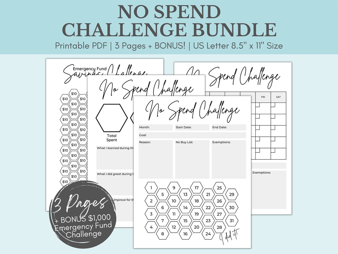 3 Page No Spend Challenge Printable Bundle BONUS Emergency Fund Savings ...