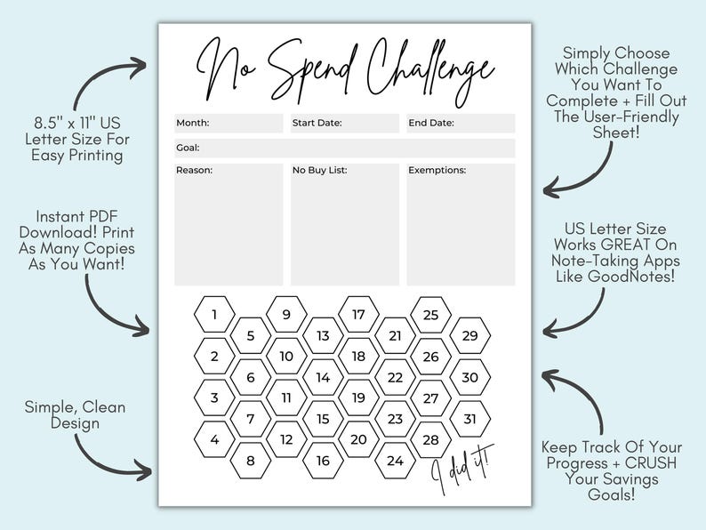 No Spend Challenge Printable Bundle | Savings Tracker (PDF Pattern) - Etsy