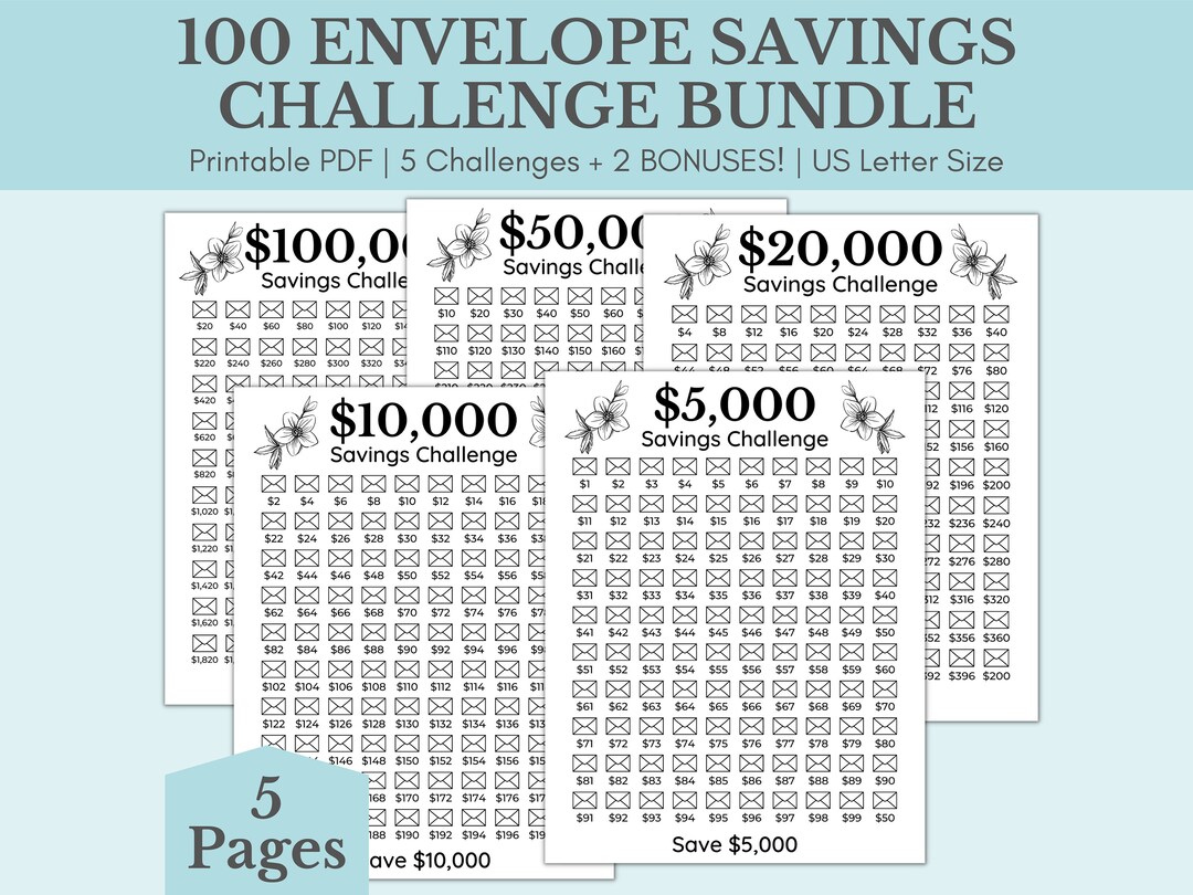 100 Envelope Savings Challenge Bundle 50,000 Savings Challenge 5,000 ...