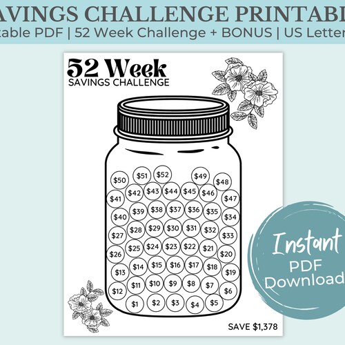 52 Week Savings Challenge Printable 52 Week Money Saving - Etsy