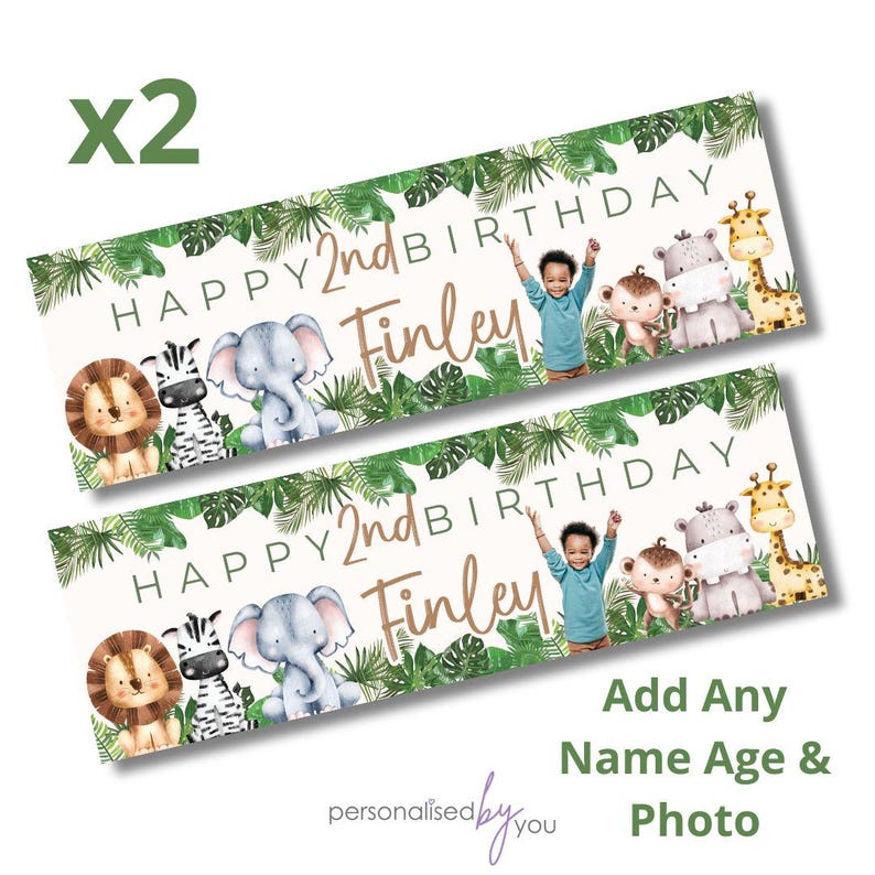 2 X Personalised Wild Animal Theme Birthday Banners Large Add PHOTO Any ...