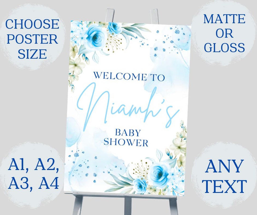 Personalised Birthday Light Blue Flowers Party Sign Poster Banner A1 A2 ...