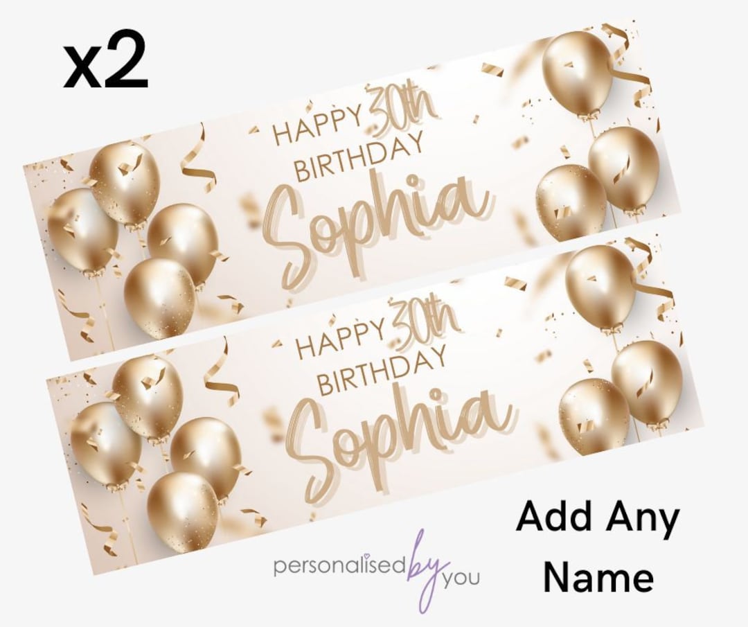 2 X Personalised Birthday Banners Large Gold Add Name & Age Free ...