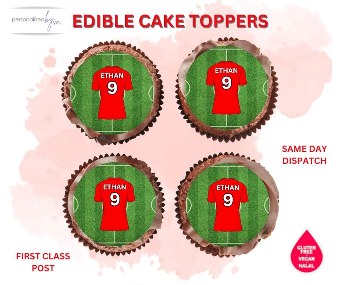 EDIBLE Cupcake Cake Toppers Personalised RED Football Theme Printed ...