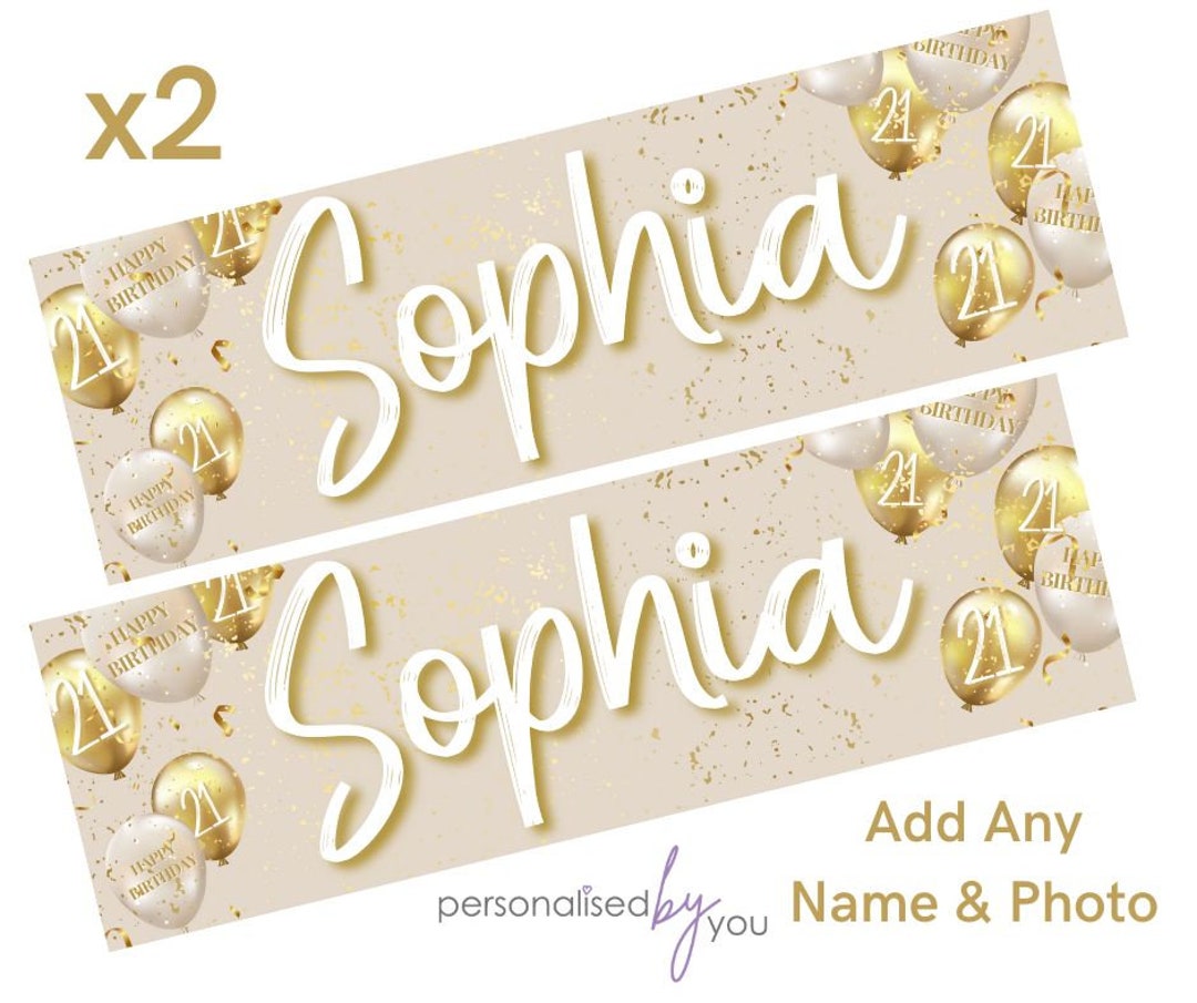 2 X Personalised Birthday Banners Large Gold BEIGE Add Name & Age Free ...
