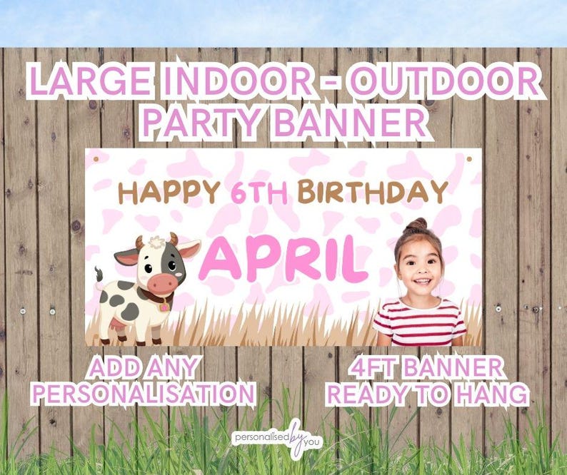 Personalised INDOOR OUTDOOR Birthday Photo Banner Poster Large Pink Cow ...
