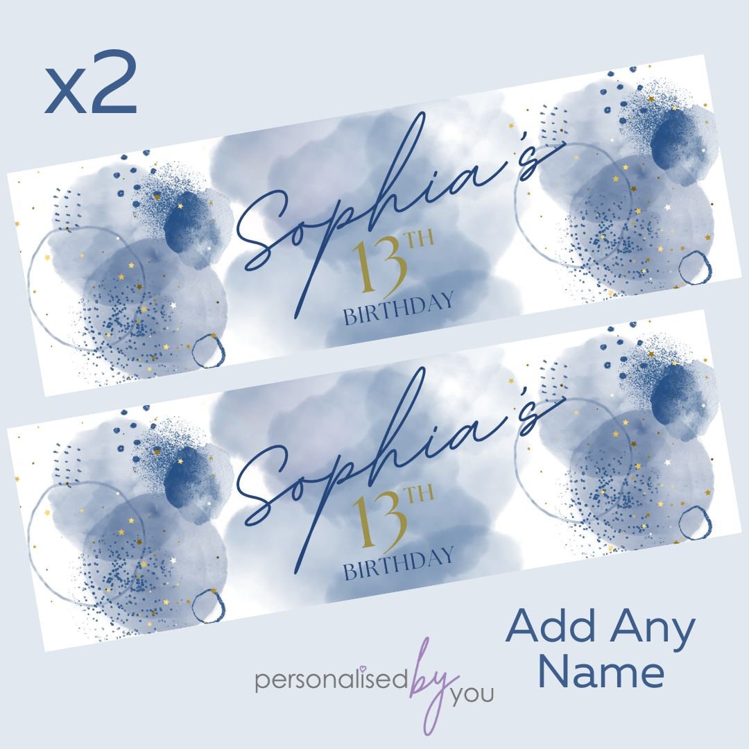 2 X Personalised Birthday Banners Large Navy Blue Gold Add Name & Age ...