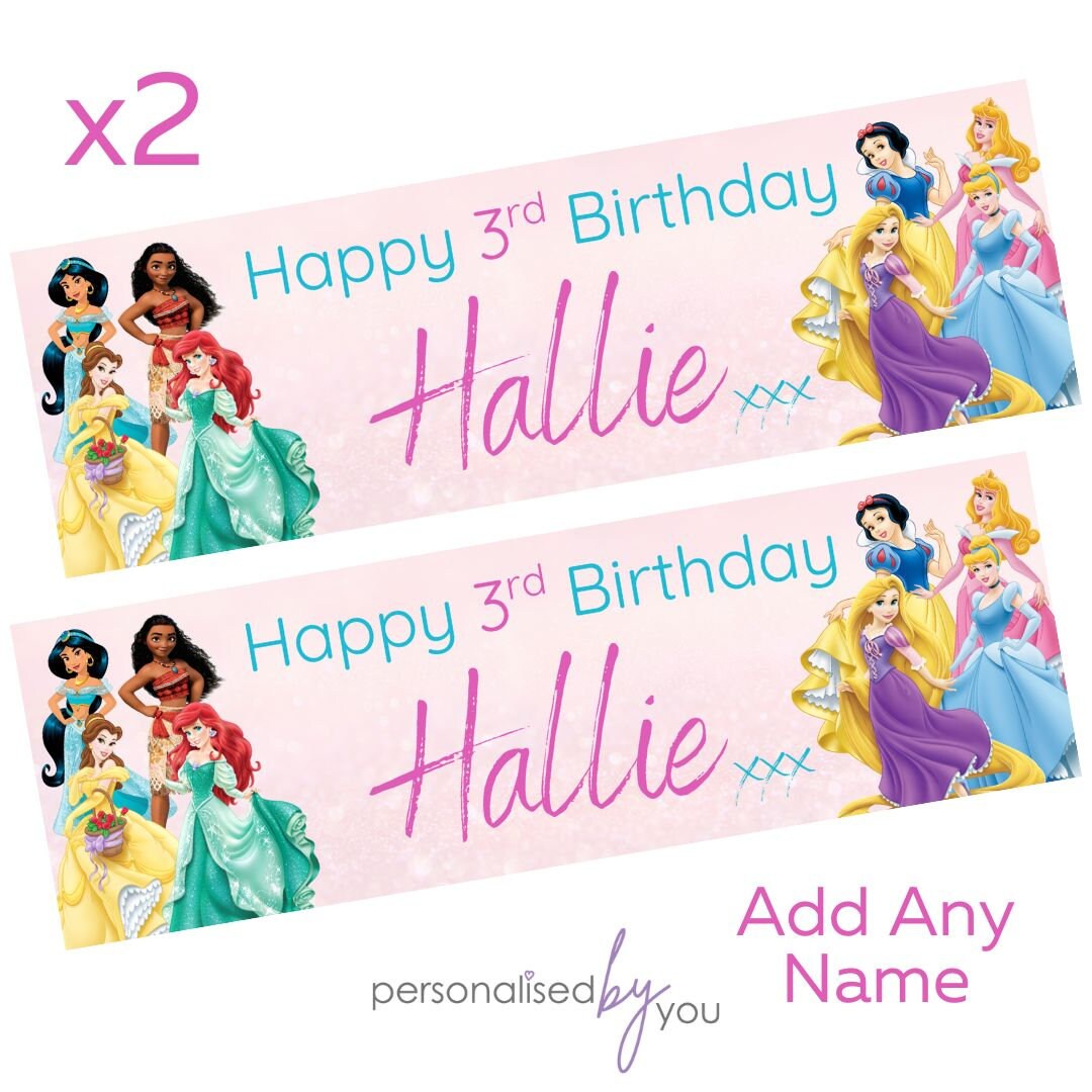 2 X Personalised Disney Princesses Birthday Banners LARGE Kids Party ...