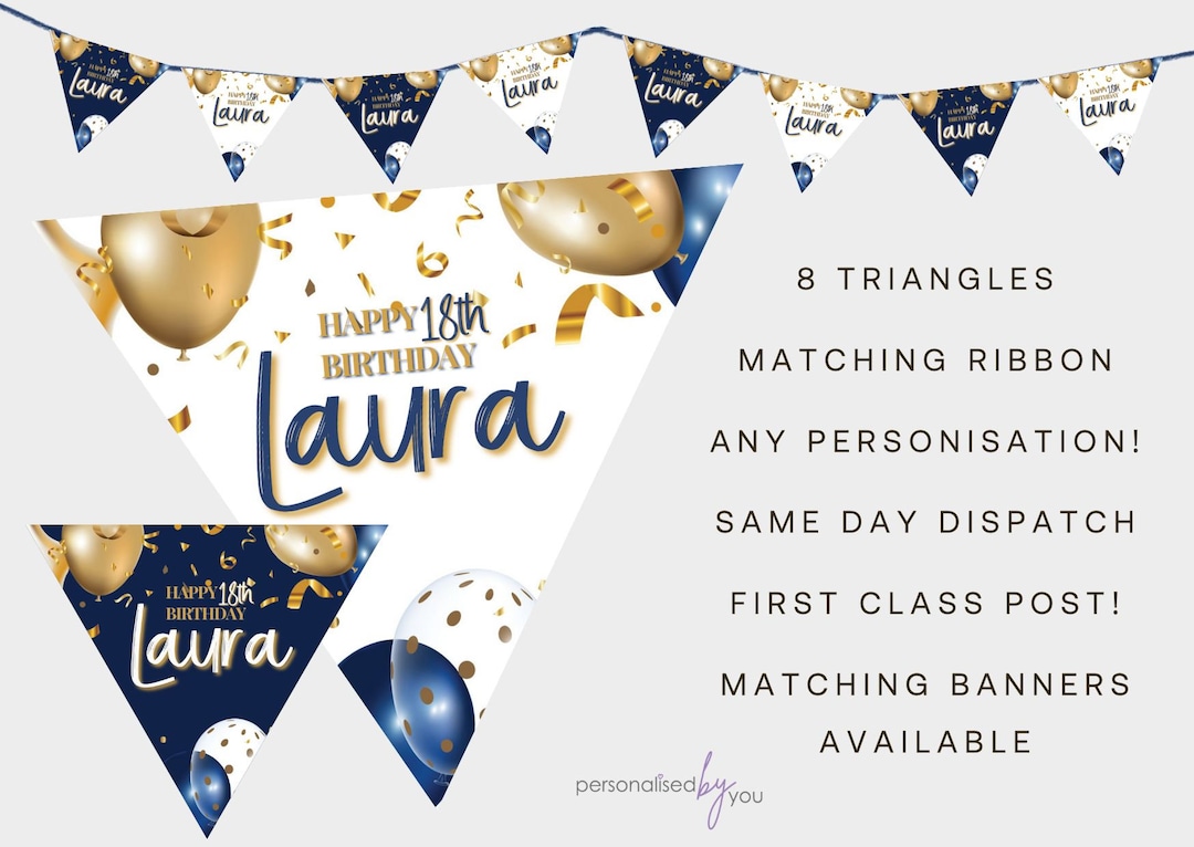 Personalised Navy Gold Theme BIRTHDAY Party Banner Decoration Bunting ...