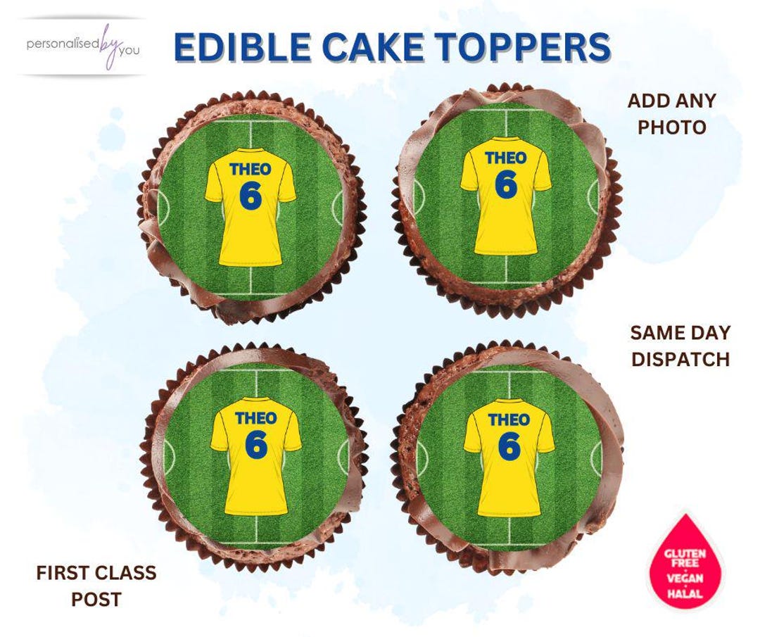 EDIBLE Cupcake Cake Toppers Personalised Yellow Blue Football Theme Printed Icing or Rice Wafer ...