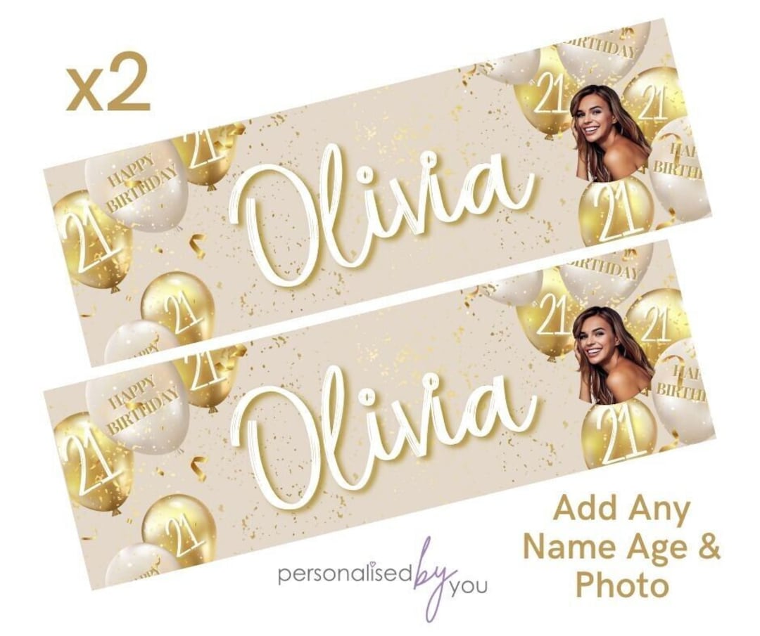 2 X Personalised Birthday Photo Banners Large Gold BEIGE Add Name & Age ...