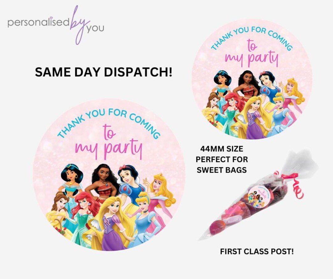 Disney Princesses Pink Birthday Round Printed Stickers Labels for PARTY ...