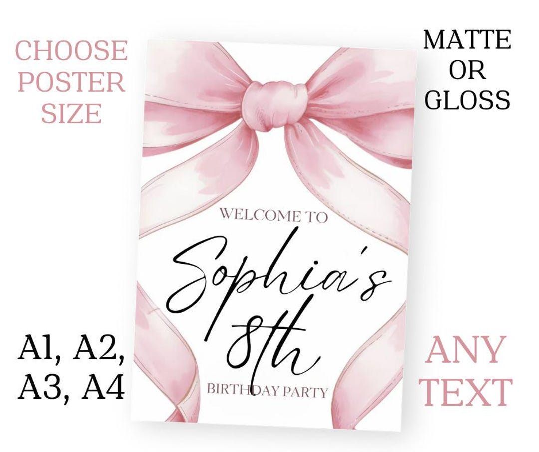 Personalised Pink Bow Birthday Party Sign Poster Banner ANY Names A1 A2 ...