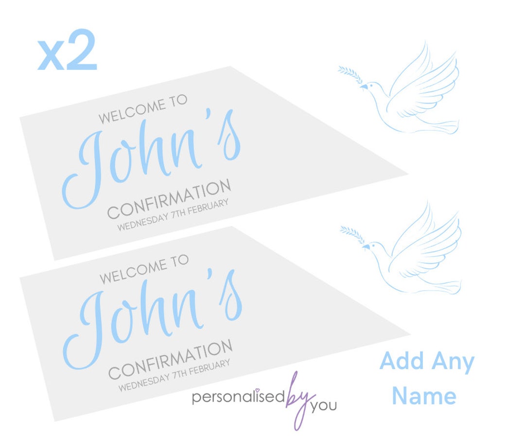 2 X Personalised Confirmation Banners Large BLUE Add Name Free Delivery ...