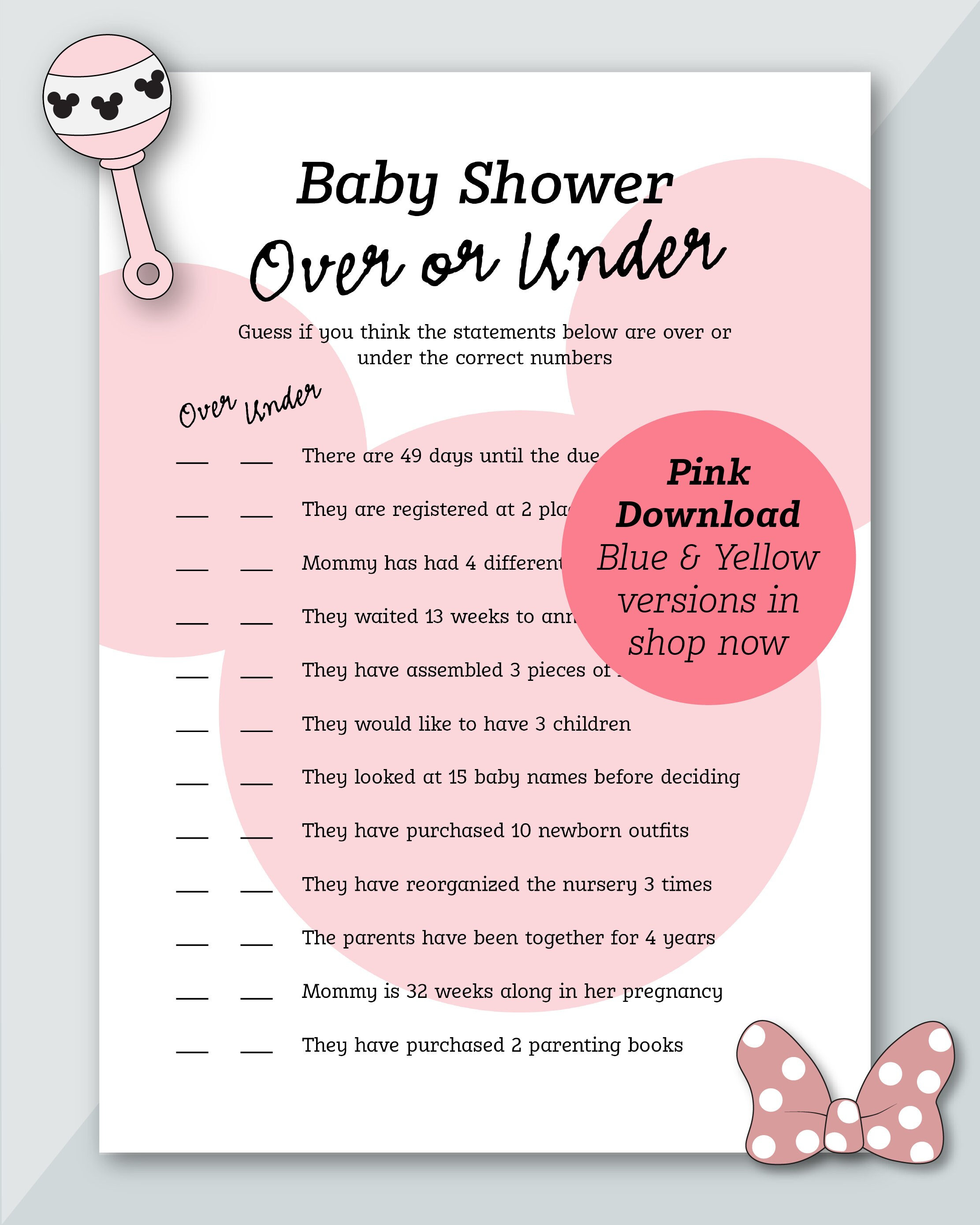 Pink Over or Under Baby Shower Game | Mickey Themed | Baby Shower Game ...