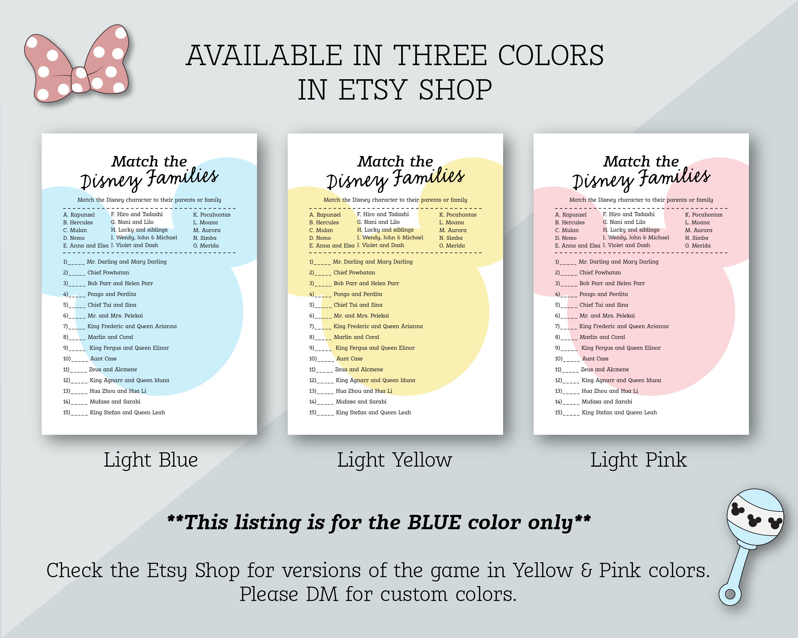 Blue Match the Families Baby Shower Game Mickey Themed - Etsy
