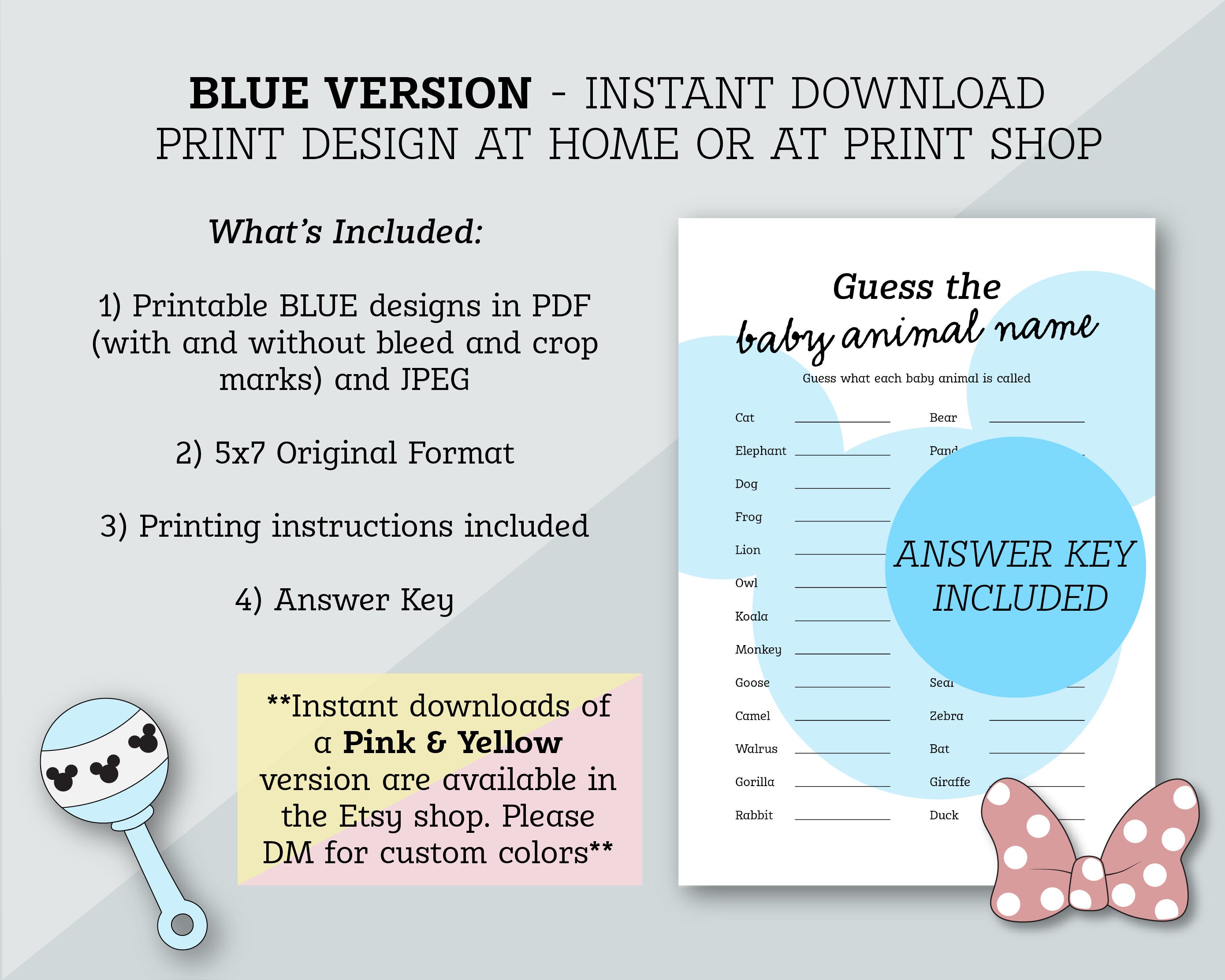 Blue Guess the Baby Animal Baby Shower Game | Mickey Themed | Baby ...