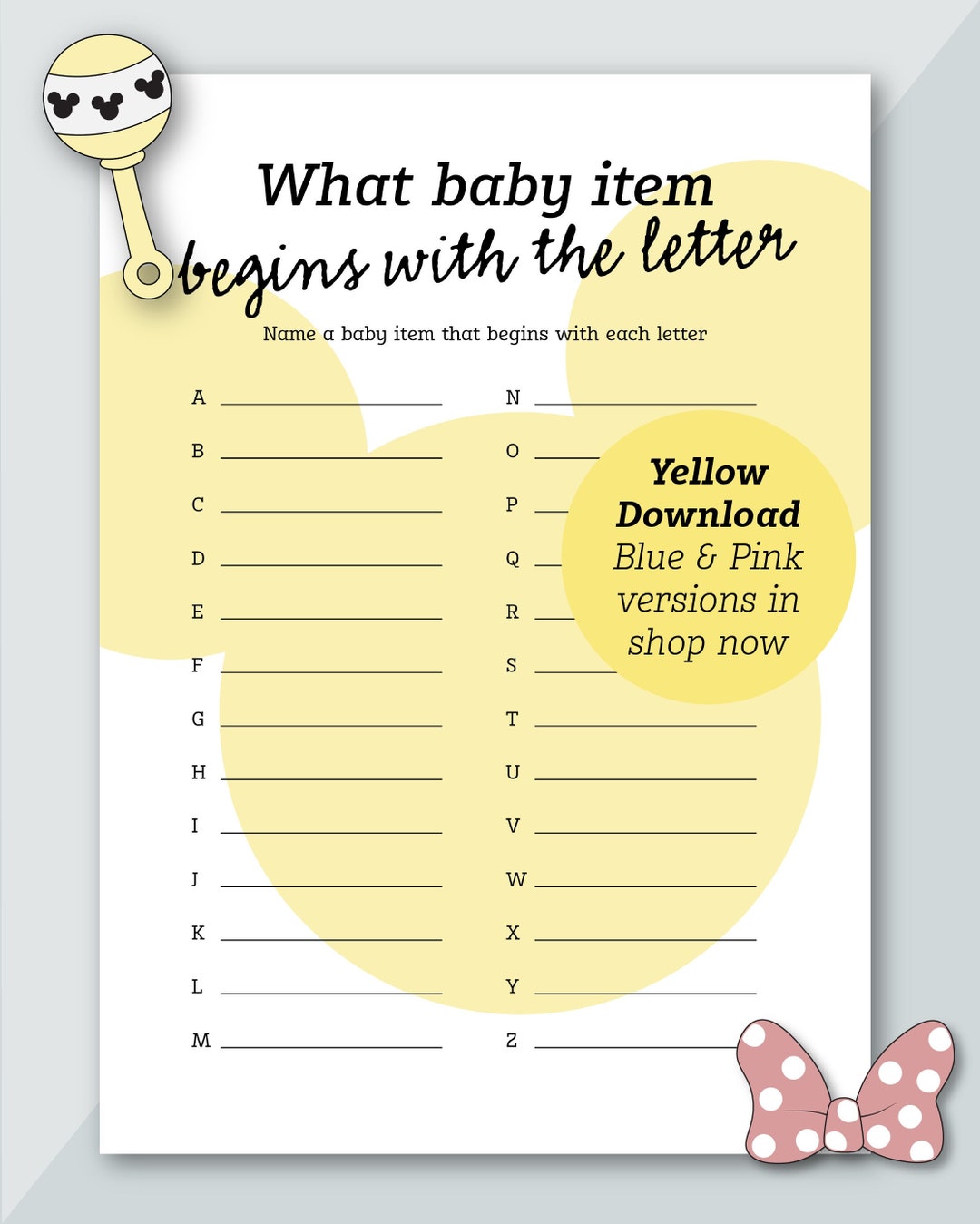 Yellow What Baby Item Baby Shower Game | Mickey Themed | Baby Shower ...