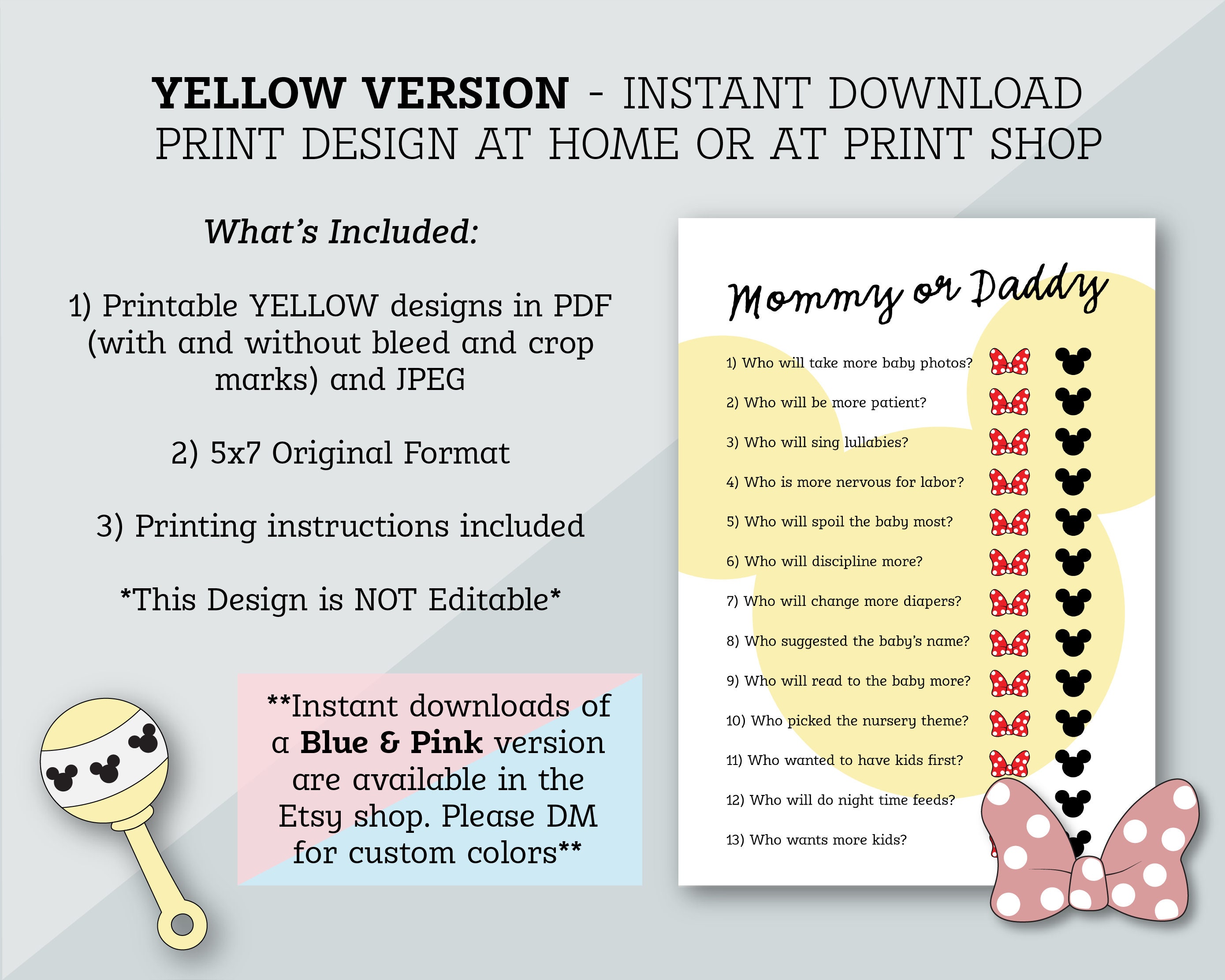 Yellow Mommy or Daddy Baby Shower Game | Mickey Themed | Baby Shower ...