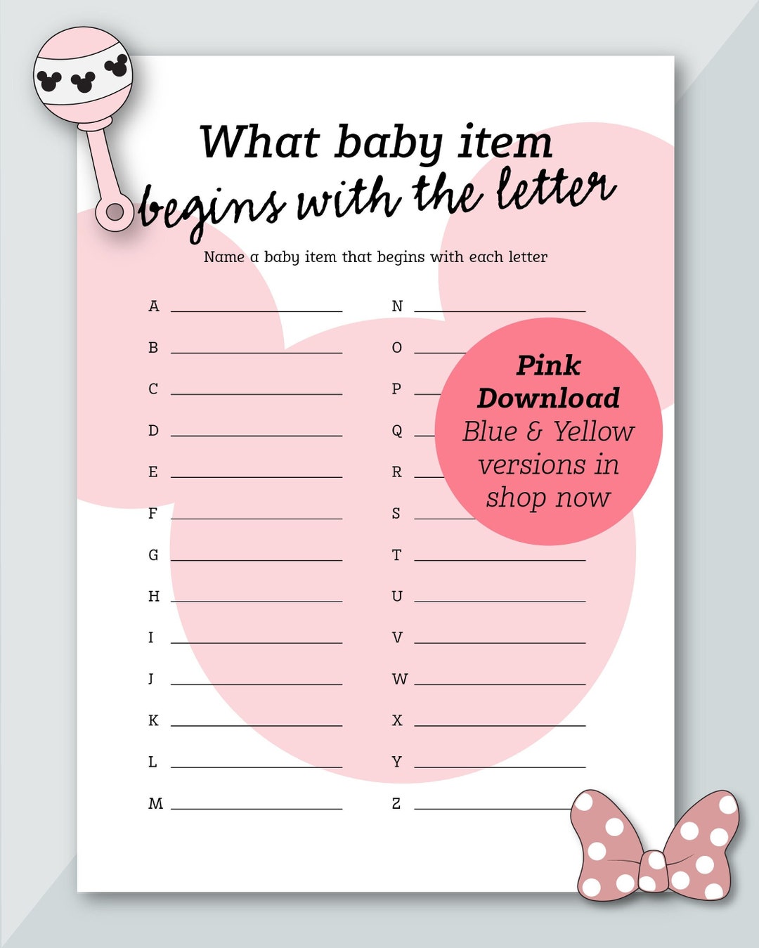 Pink What Baby Item Baby Shower Game | Mickey Themed | Baby Shower Game ...