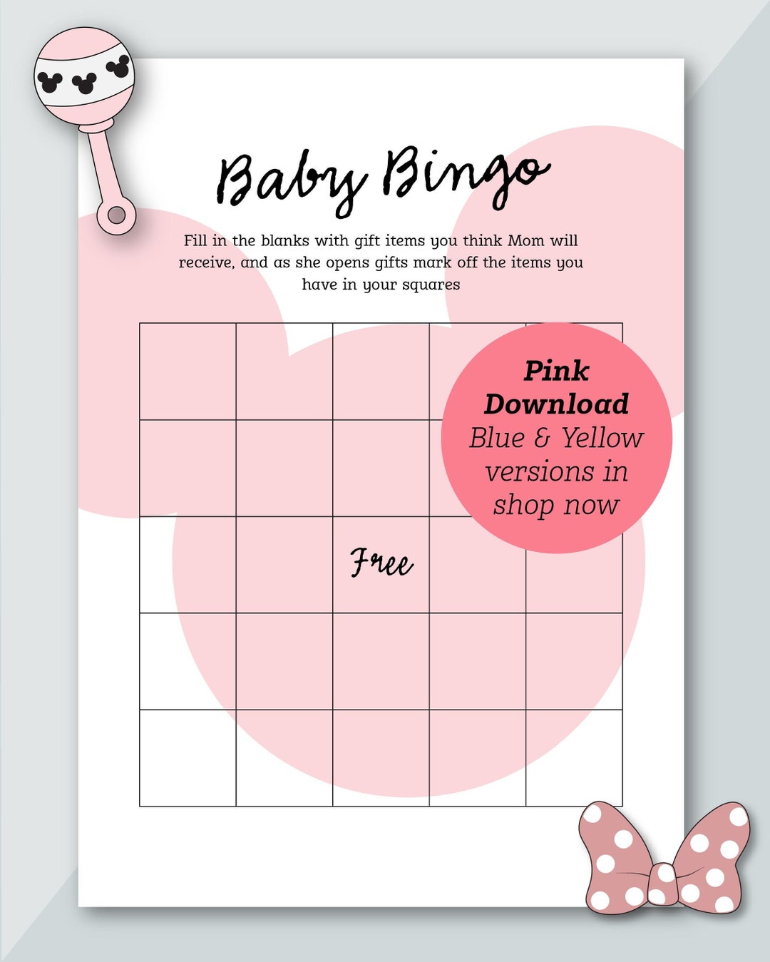 Pink Baby Bingo Baby Shower Game | Mickey Themed | Baby Shower Game ...