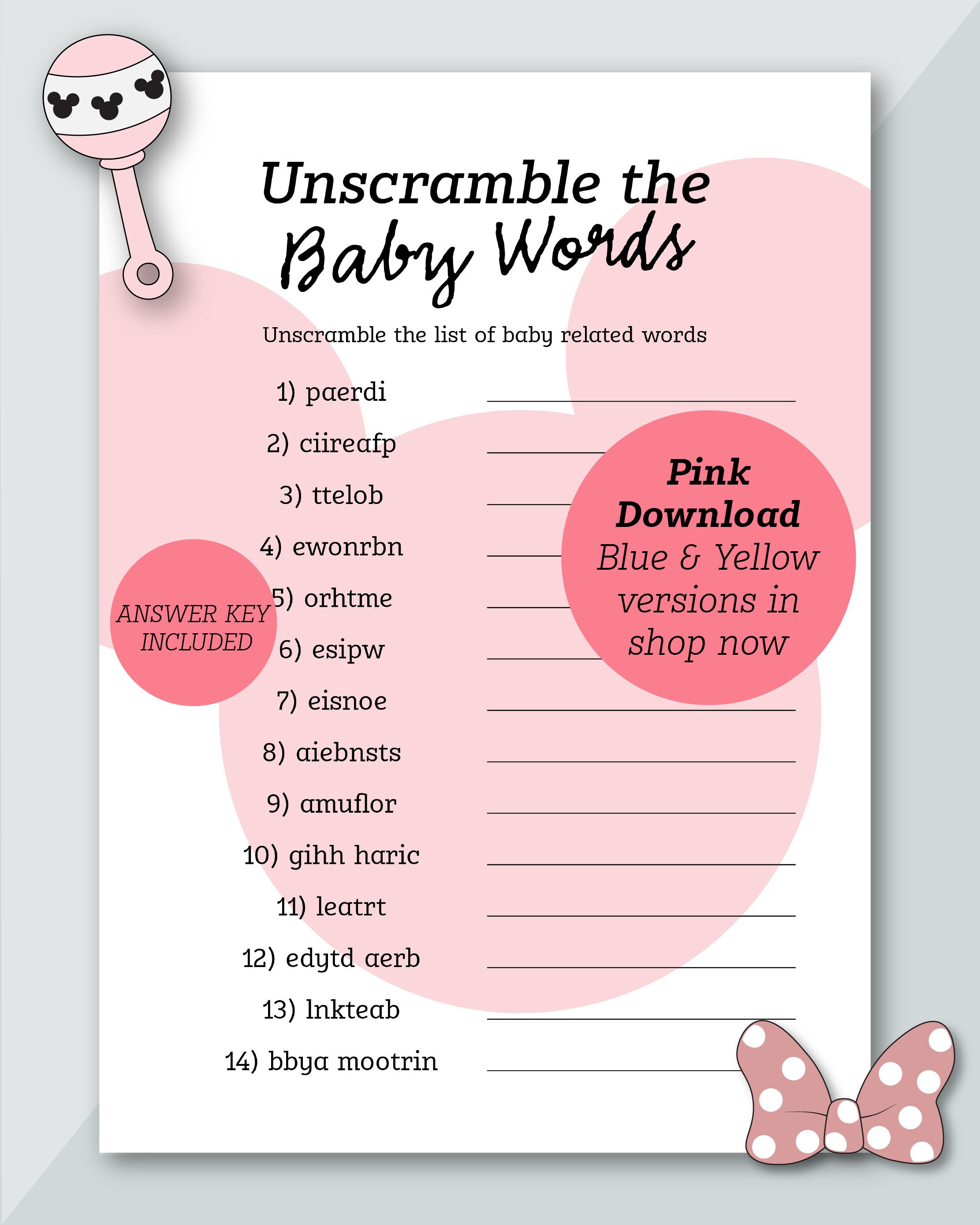 Pink Unscramble the Baby Words Baby Shower Game | Mickey Themed | Baby ...