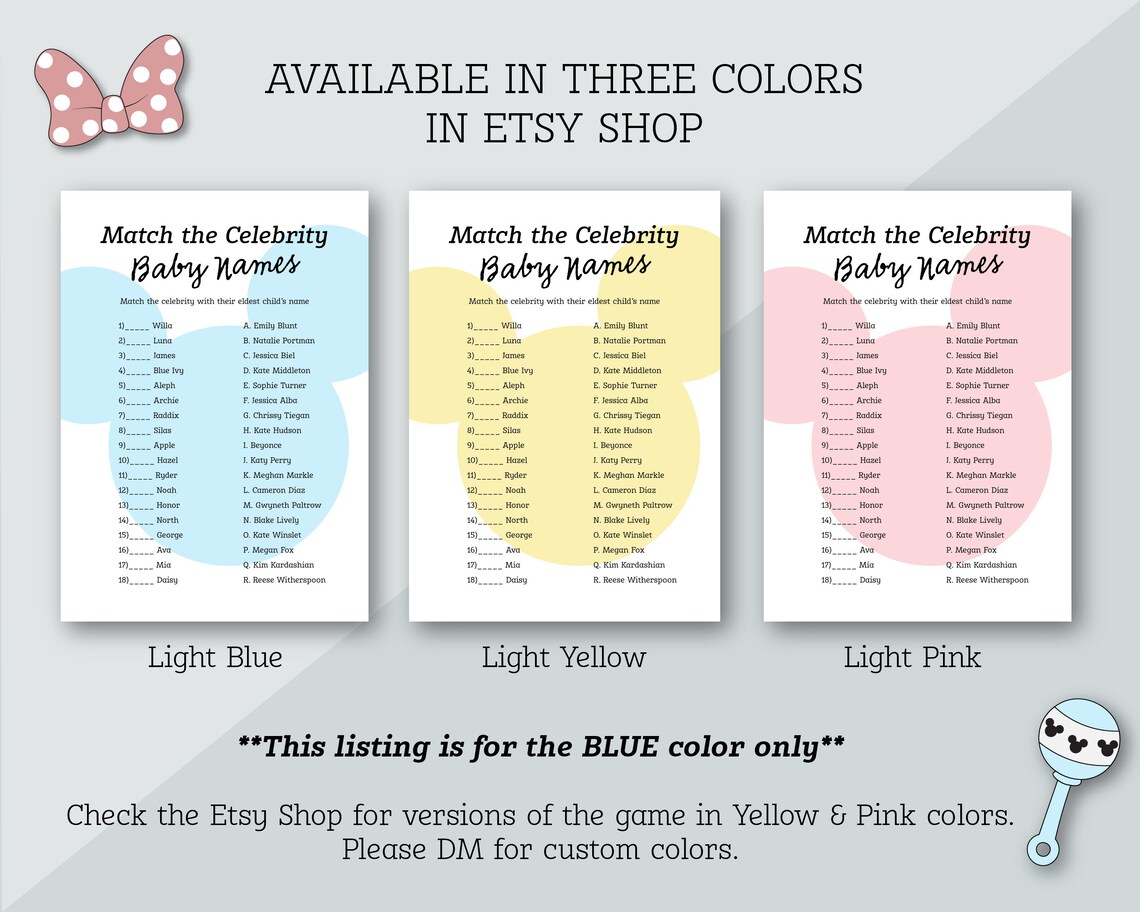 Blue Match the Celebrity Baby Names Baby Shower Game | Mickey Themed ...