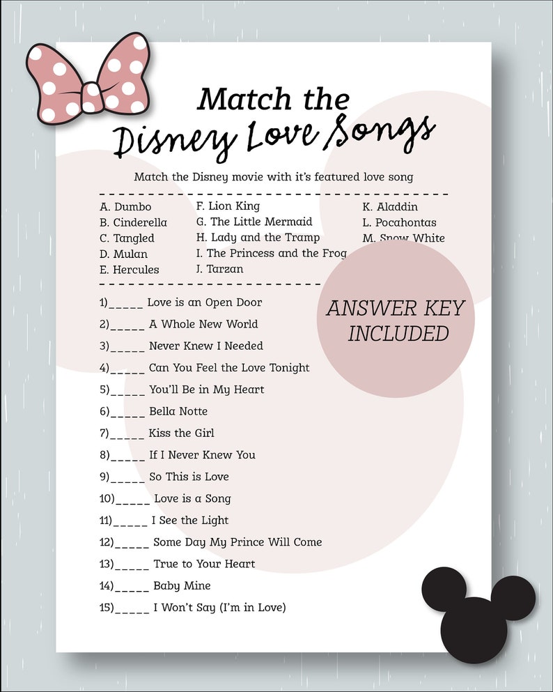 Match the Disney Love Songs Bridal Shower Game Disney | Etsy