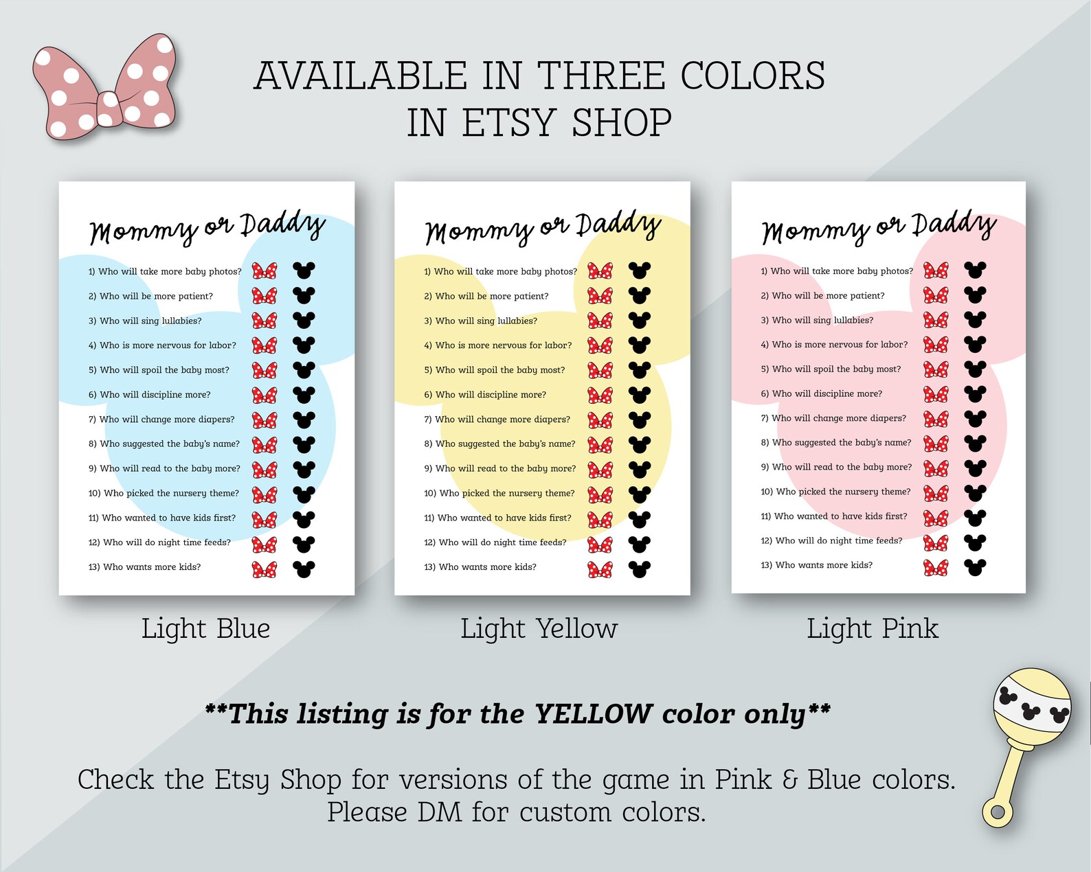 Yellow Mommy or Daddy Baby Shower Game | Mickey Themed | Baby Shower ...