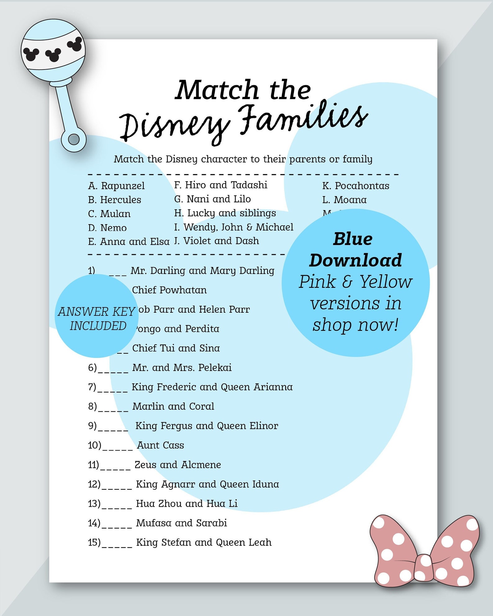 Blue Match the Families Baby Shower Game | Mickey Themed | Baby Shower ...