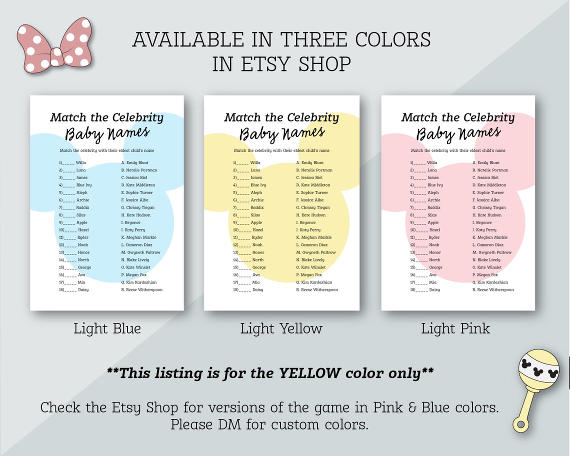 Yellow Match the Celebrity Baby Names Baby Shower Game | Mickey Themed ...