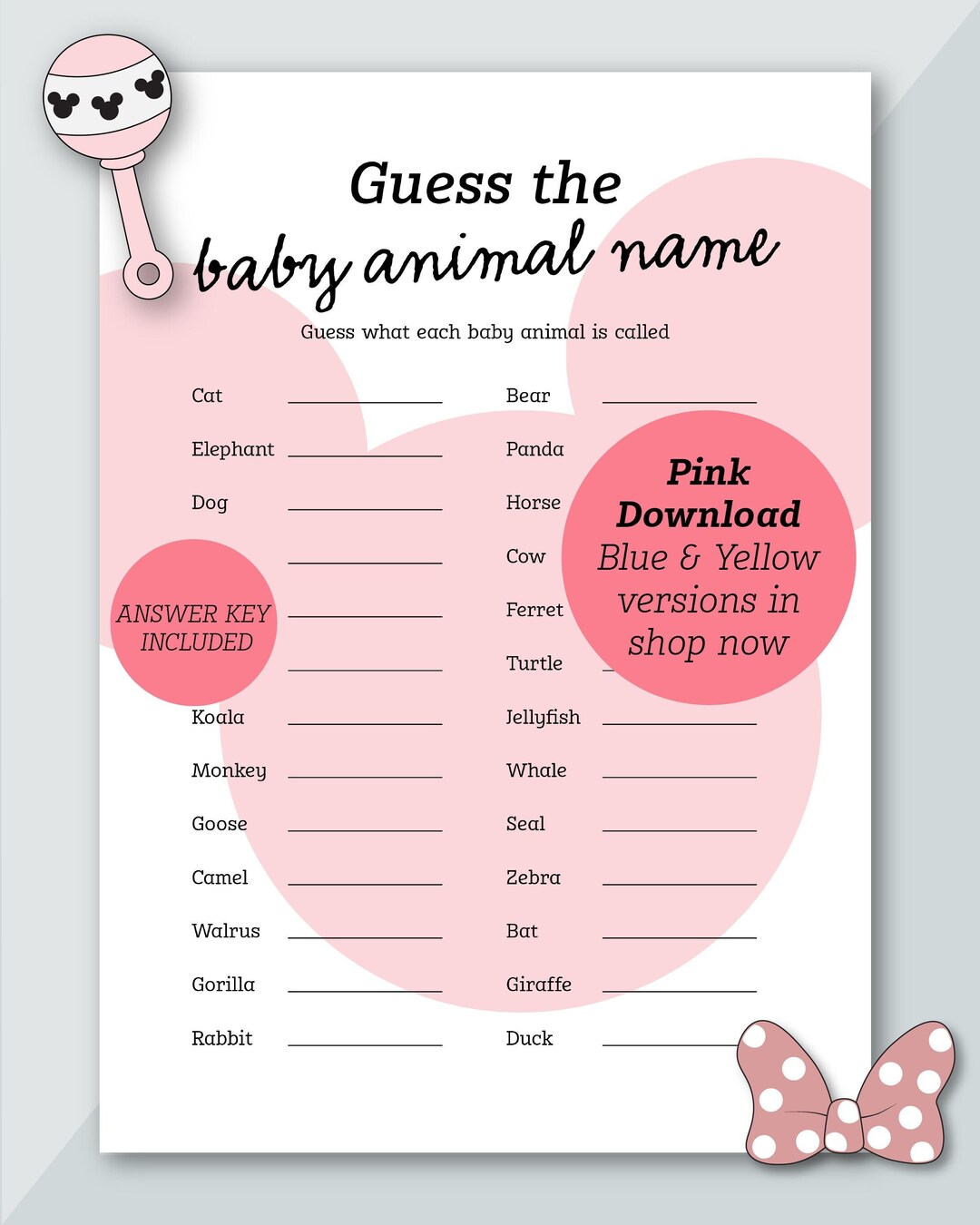 Pink Guess the Baby Animal Baby Shower Game | Mickey Themed | Baby ...