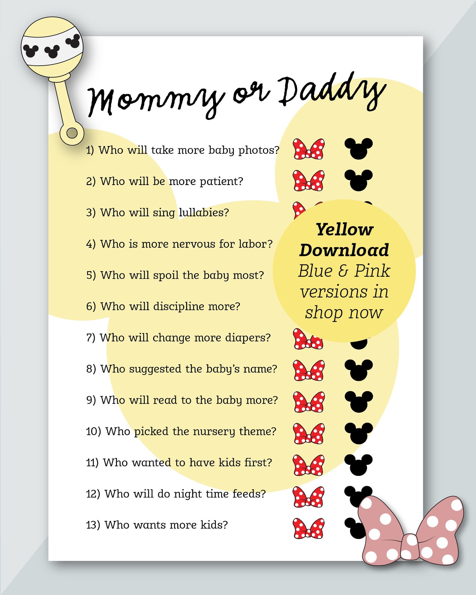 Yellow Mommy or Daddy Baby Shower Game | Mickey Themed | Baby Shower ...