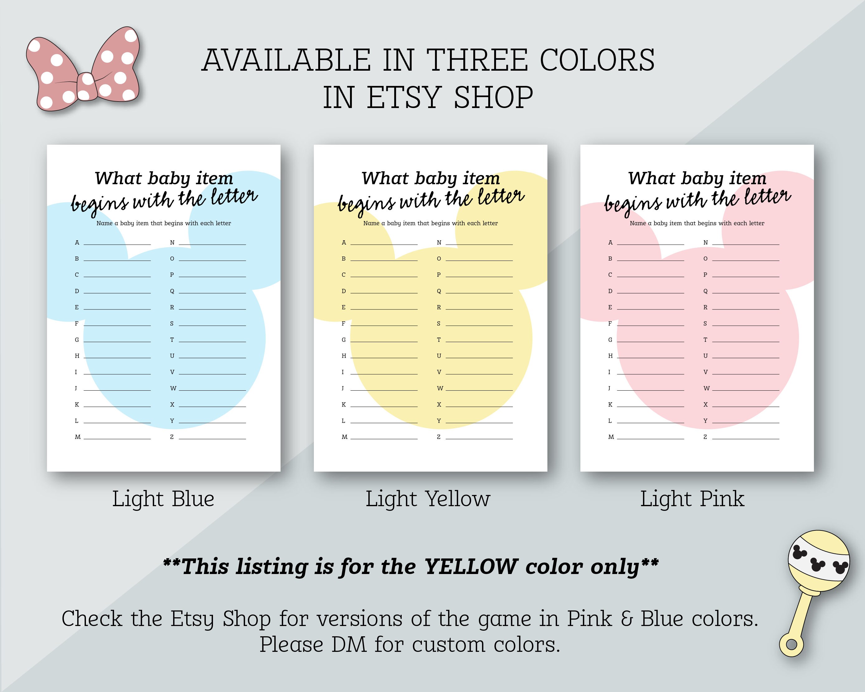Yellow What Baby Item Baby Shower Game Mickey Themed Baby Shower Game ...