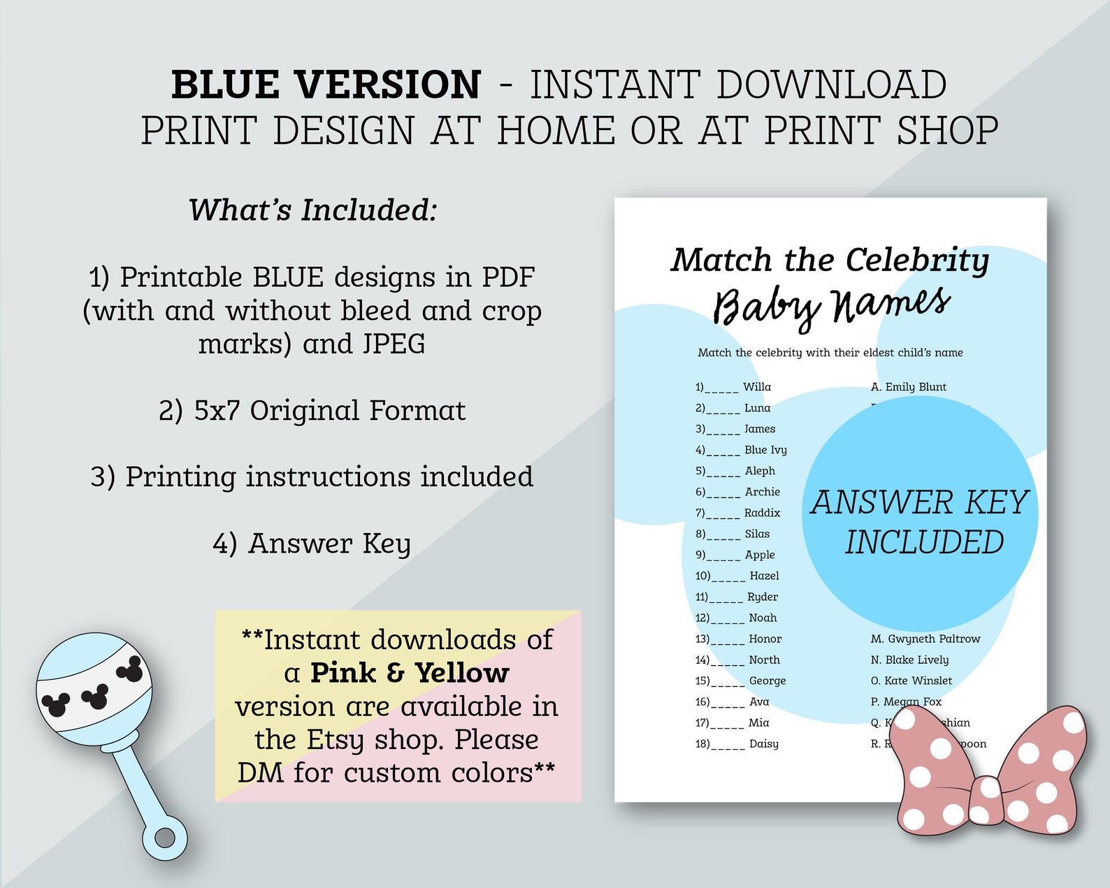 Blue Match the Celebrity Baby Names Baby Shower Game | Mickey Themed ...