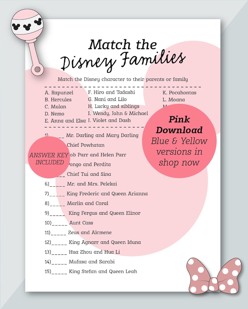 Pink Match the Families Baby Shower Game | Mickey Themed | Baby Shower ...