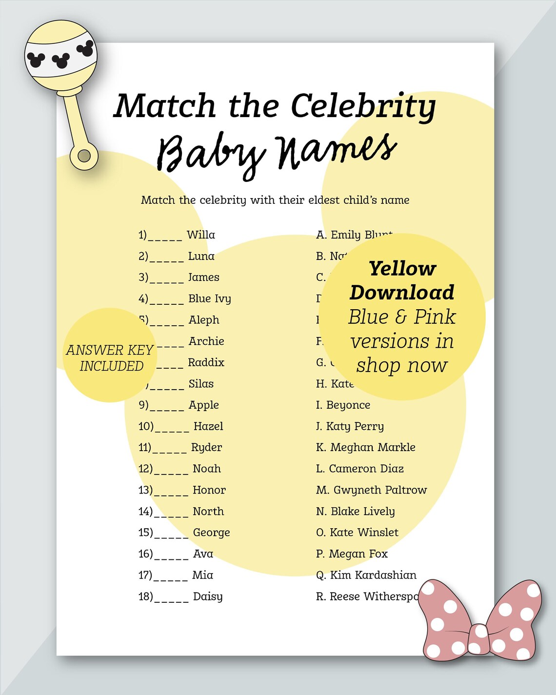 Yellow Match the Celebrity Baby Names Baby Shower Game | Mickey Themed ...