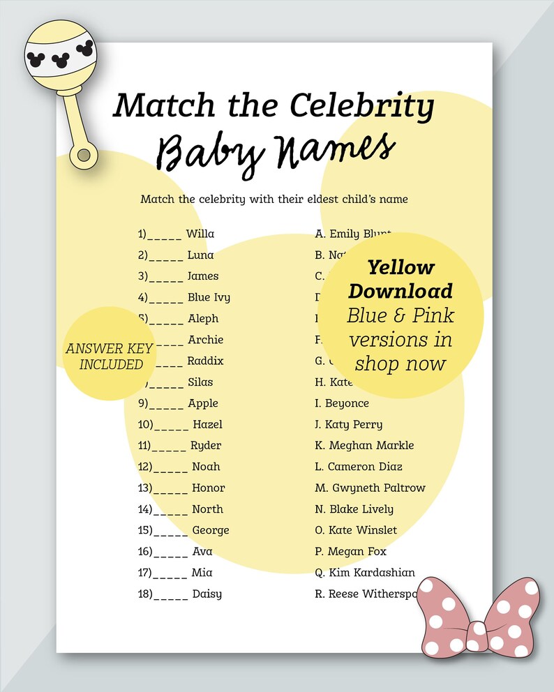 Yellow Match the Celebrity Baby Names Baby Shower Game | Mickey Themed ...