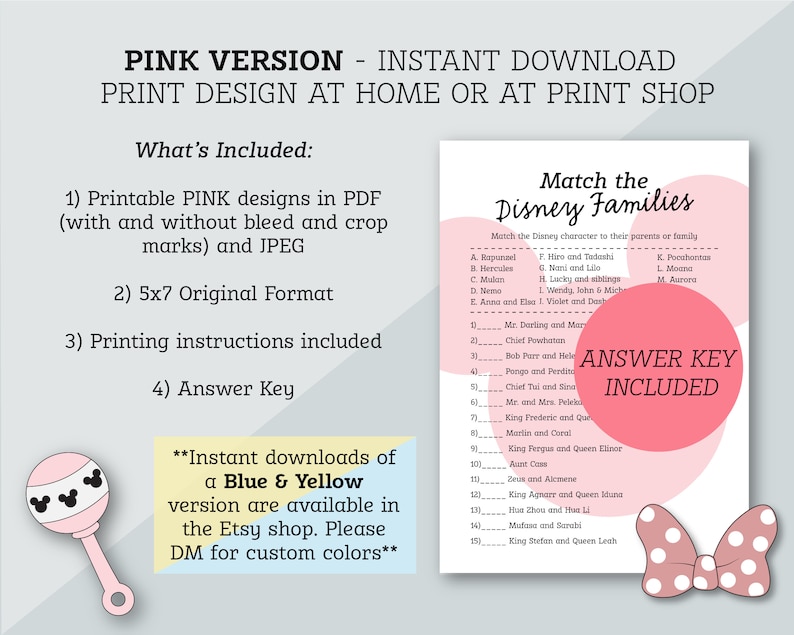 Pink Match the Families Baby Shower Game | Mickey Themed | Baby Shower ...