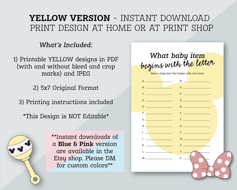 Yellow What Baby Item Baby Shower Game | Mickey Themed | Baby Shower ...