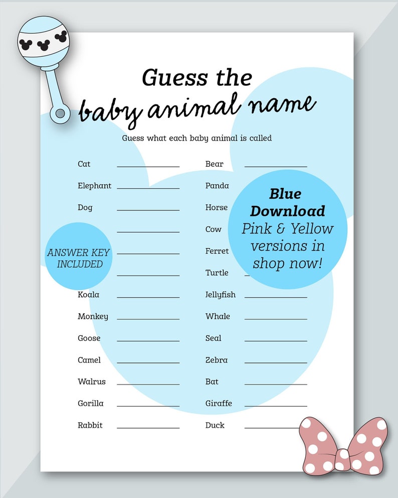 Blue Guess the Baby Animal Baby Shower Game | Mickey Themed | Baby ...