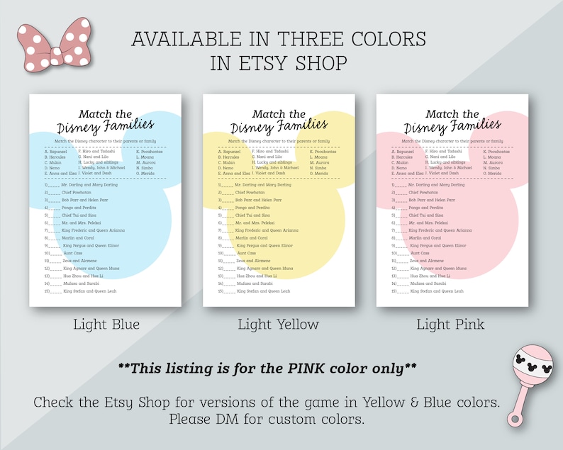 Pink Match the Families Baby Shower Game | Mickey Themed | Baby Shower ...